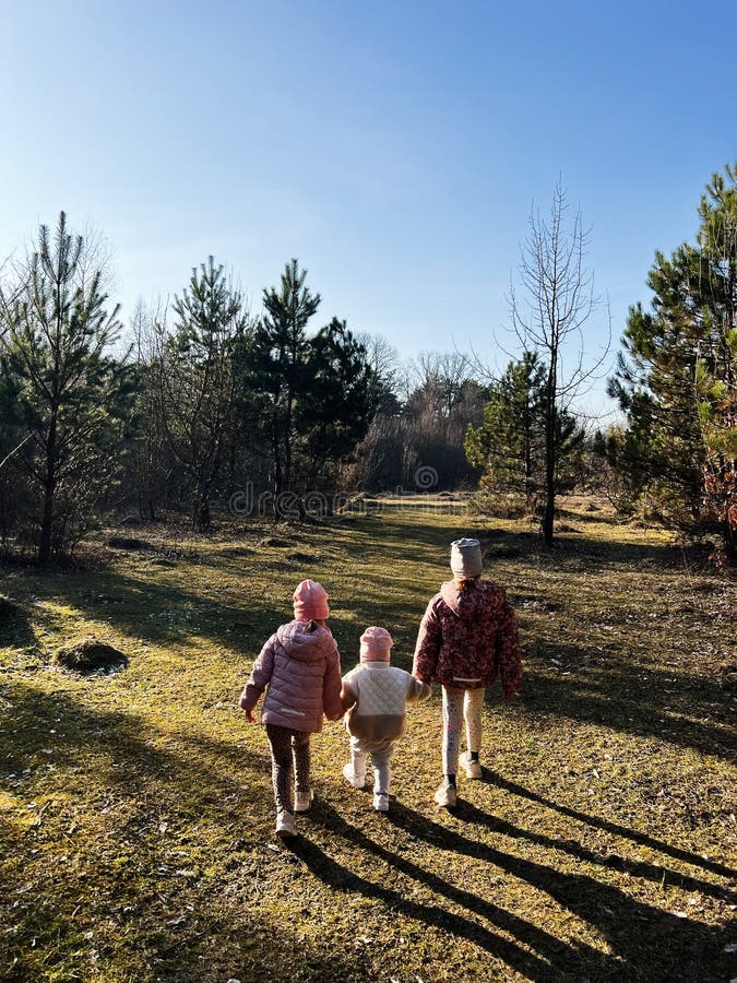 Three Children Walk Outdoors through a Scenic Forest Pathway on a Sunny ...