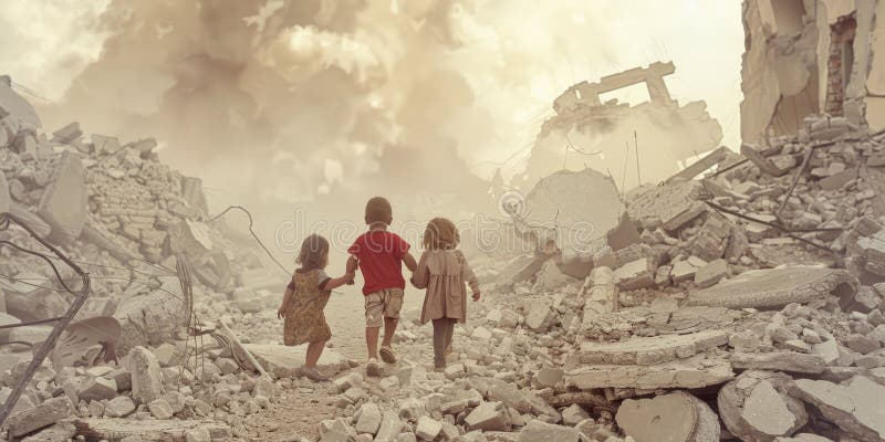 Three Children Walking through a Destroyed City. AIG51A Stock Image ...