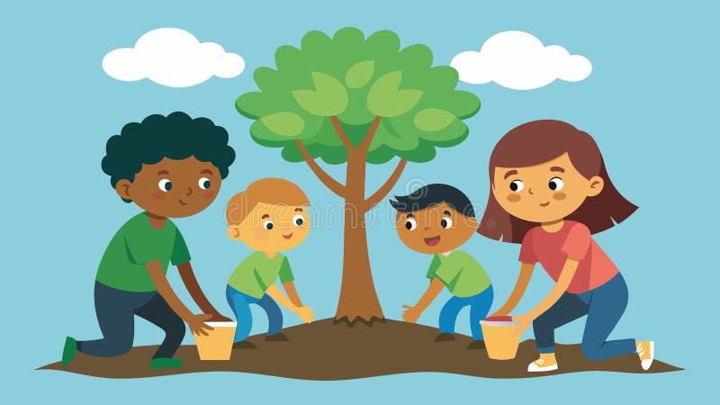 Three Children Working Together To Plant a Large Tree Their Determined ...