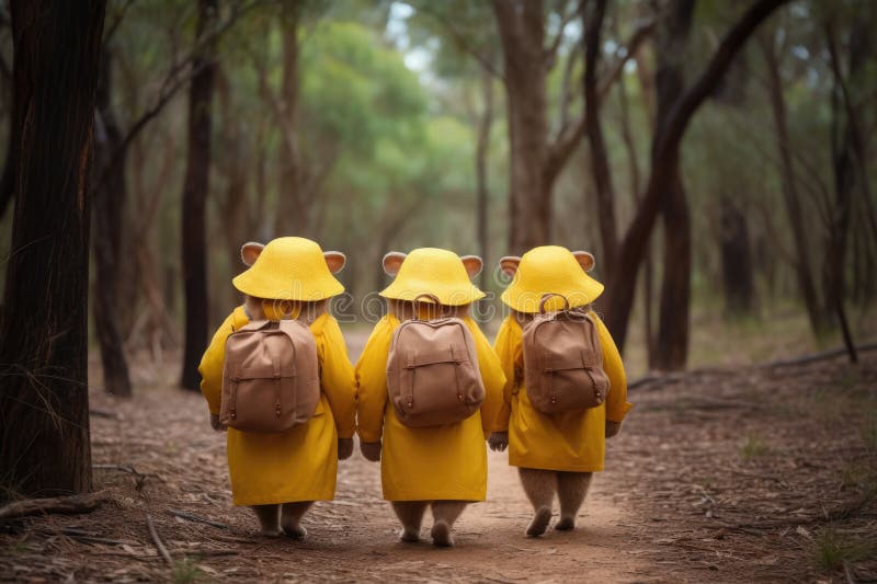 Three Children in Yellow Raincoats and Hats Walking Down a Dirt Path ...