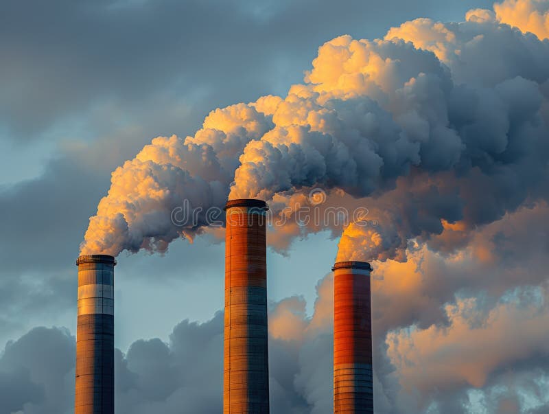 Three Chimneys Emitting Thick Smoke at Sunset Stock Image - Image of ...