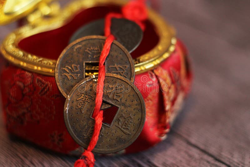 Three Chinese Coins and Red Box so Close Stock Photo - Image of ancient ...