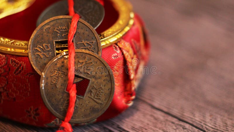 Three Chinese Coins and Red Box so Close Stock Image - Image of gift ...