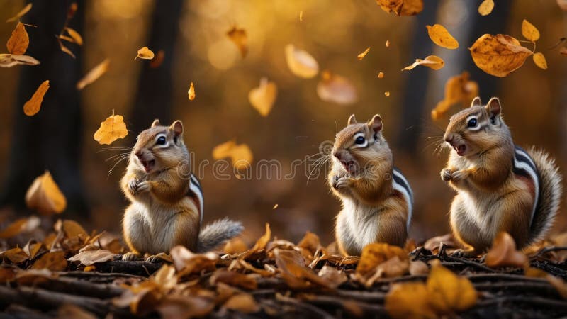 Three Adorable Chipmunks Enjoying Autumn S Golden Leaves Stock ...