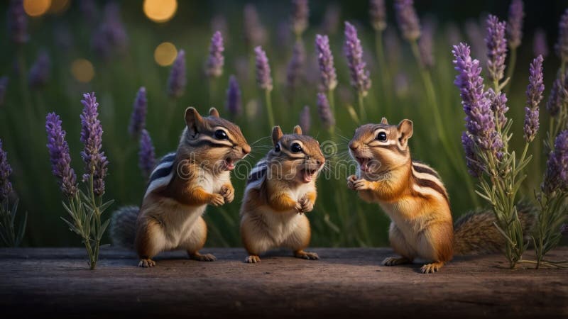 Three Chipmunks Chatting Amidst Lavender Flowers at Dusk Stock ...