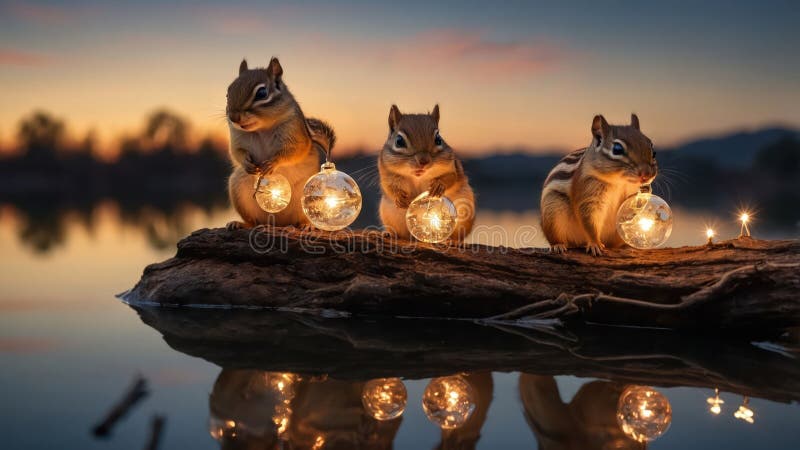 Three Adorable Chipmunks Holding Glowing Light Bulbs at Sunset by the ...