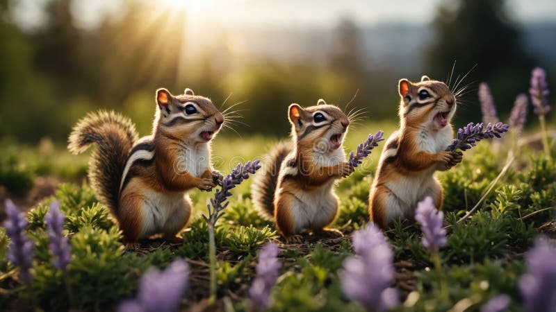Adorable Three Chipmunks Holding Lavender in Sunset Meadow Stock ...