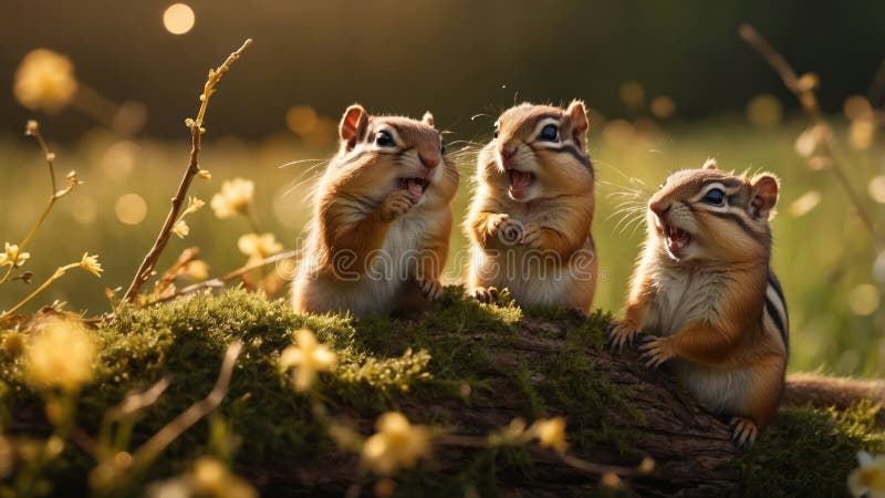 Three Adorable Chipmunks Chatting at Sunset on Mossy Log Stock ...