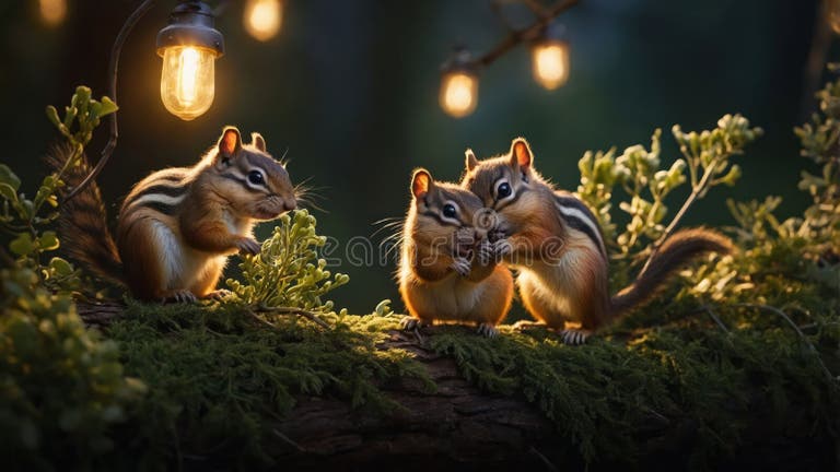 Three Adorable Chipmunks Huddled Together Underneath a String of Fairy ...
