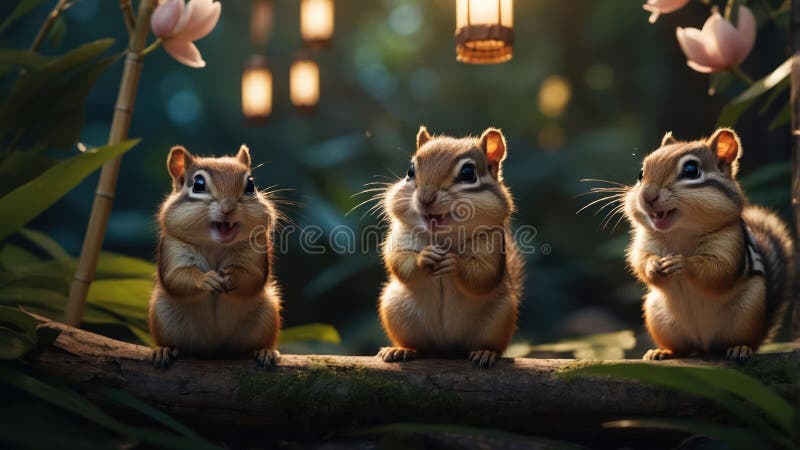 Three Adorable Chipmunks Sitting on a Branch at Dusk Stock Illustration ...