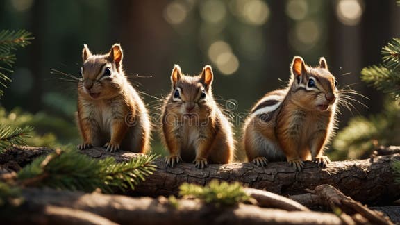 Adorable Three Chipmunks on a Log in Forest Sunlight Stock Illustration ...