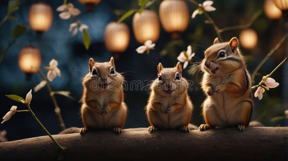 Three Adorable Chipmunks Posing Together Underneath Hanging Lanterns ...