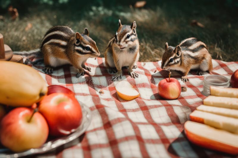 Three Chipmunks are Sitting on a Table with Apples and Bananas ...