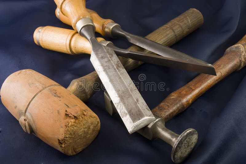 Three Chisels and a Mallets Stock Image - Image of hardwood, silk: 9638407