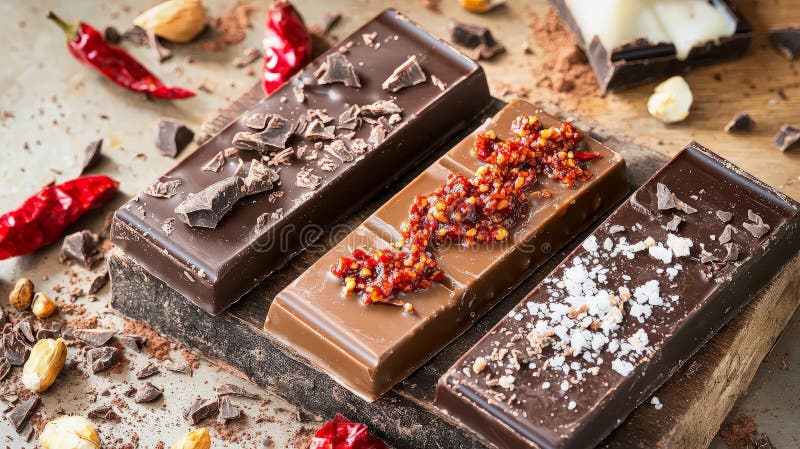 Three Chocolate Bars with Different Toppings on a Wooden Board Stock ...