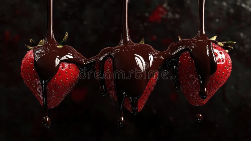 Three Chocolate Covered Strawberries Hanging from a String Against a ...