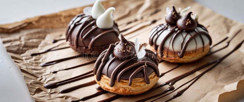 Three Chocolate Drizzled Pastries Presented Beautifully on Brown Paper ...
