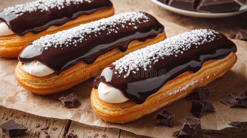 Three Chocolate Eclairs on Parchment Paper with Powdered Sugar and ...