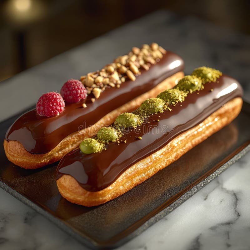 Three Chocolate Eclairs, Shaped Like Hot Dogs, Arranged on a Marble ...