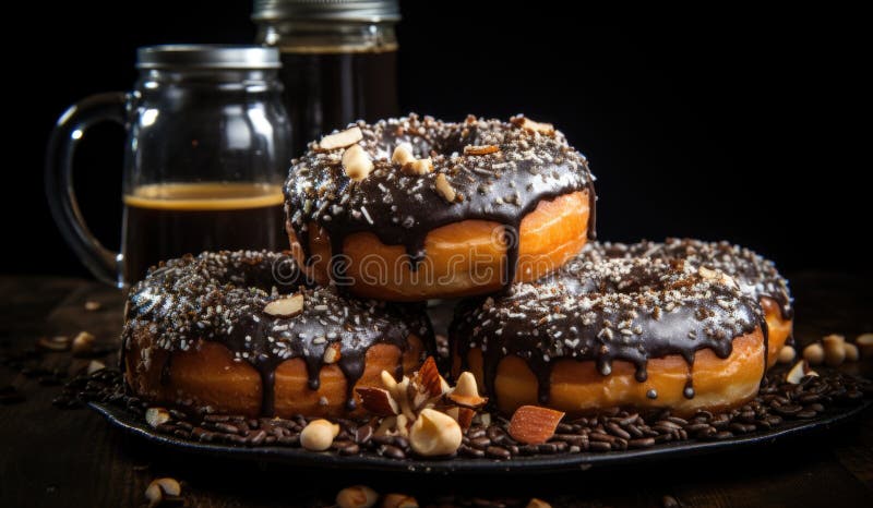 Three Chocolate Glazed Donuts with Nuts and Coffee Beans, AI Stock ...