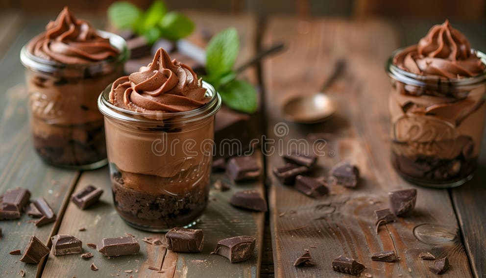 Three Chocolate Mousse Dessert in Mason Jars Stock Photo - Image of ...