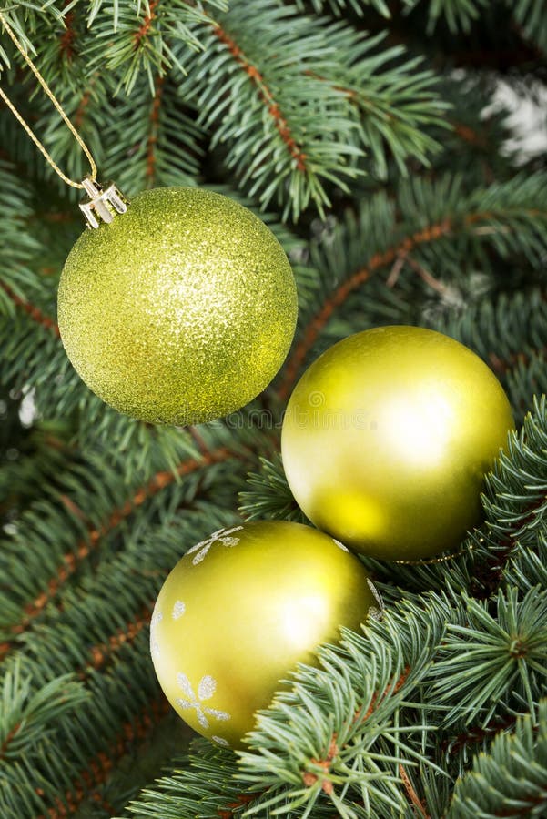 Three Christmas Balls Hanging on Christmas Tree. Stock Photo - Image of ...