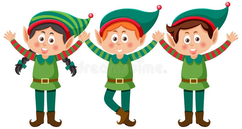 Three Christmas Elves Cartoon Characters Stock Vector - Illustration of ...