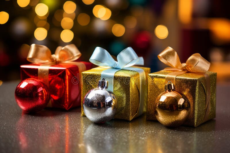 Three Christmas Gift Boxes with Ornaments on a Table in Front of a ...