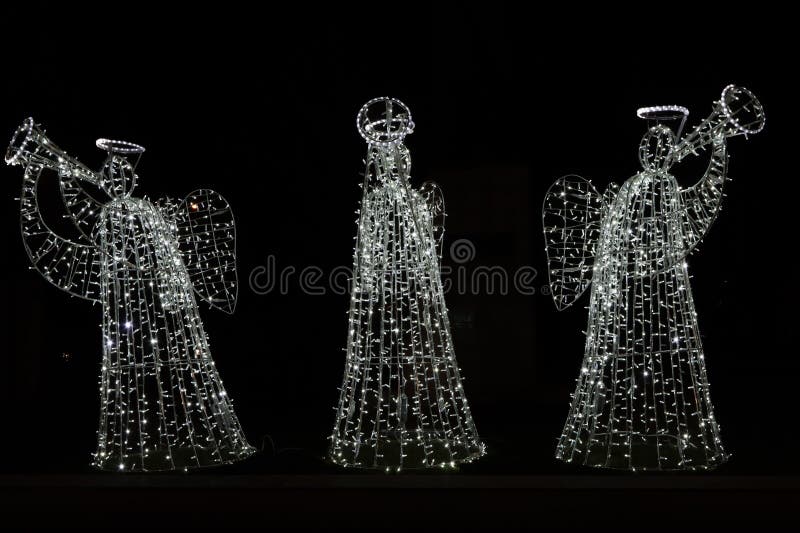 Three Illuminated Christmas Angels at the Christmas Market Stock Image ...