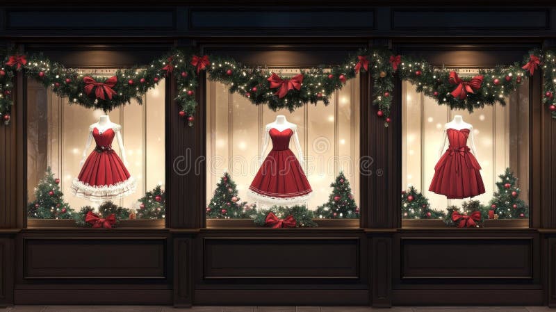Three Christmas-Themed Red Dresses Displayed in Storefront Windows ...
