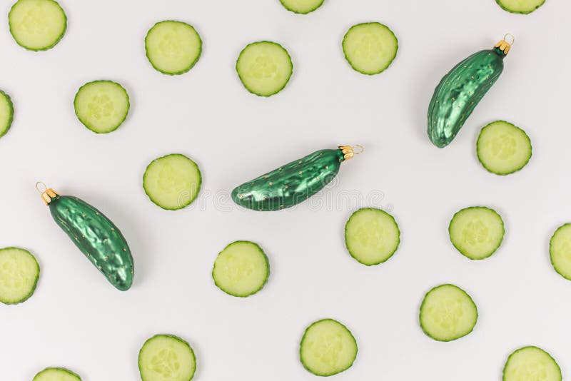 Three Cucumber Christmas Baubles Decorated with Cucumber Slices Stock ...