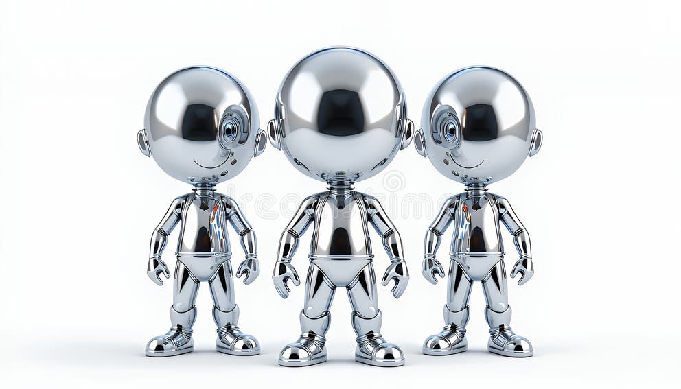 Three Chrome Robots Standing in Unity Against White Background Stock ...