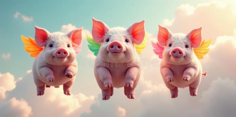 Three Chubby Pigs with Rainbow Wings Float Amidst Fluffy Clouds ...
