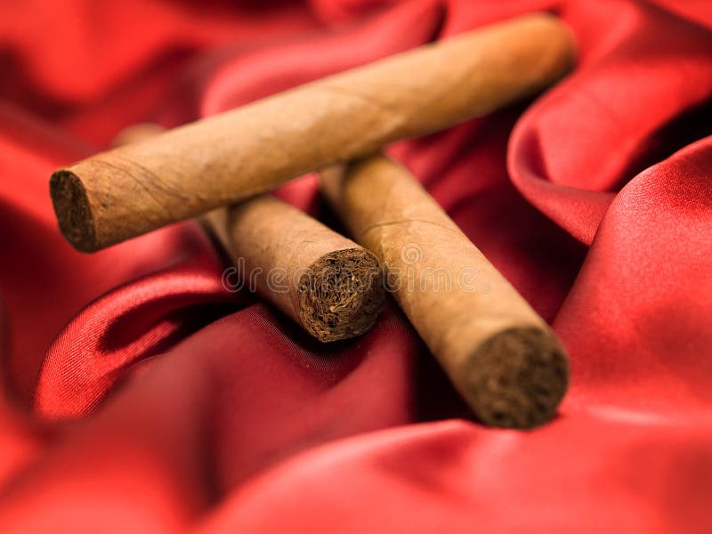 Three Cigars on red satin stock image. Image of culture - 49418407
