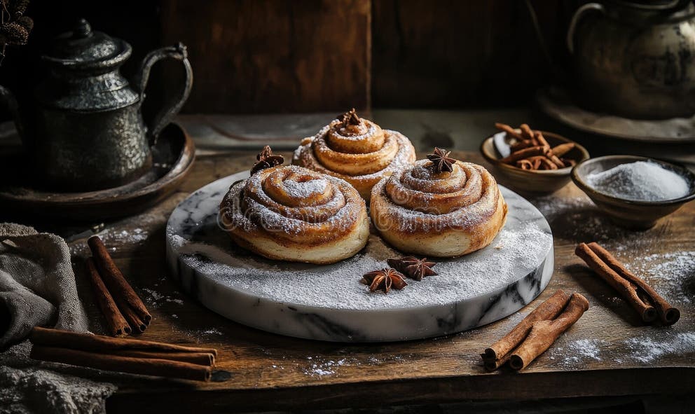 Three Cinnamon Rolls with Powdered Sugar on Top Stock Image - Image of ...