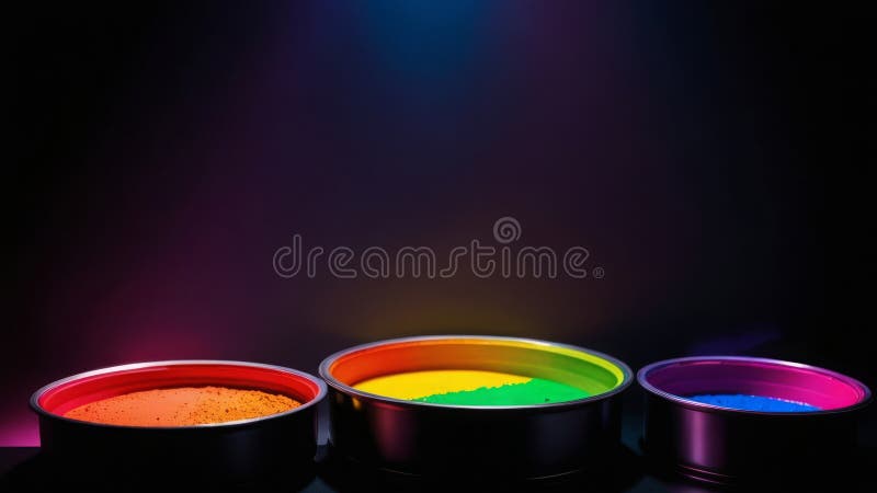 Three Circular Containers Filled with Vibrant Colored Powder Against a ...