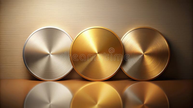 Three Circular Metallic Discs in Gold, Bronze, and Silver, Arranged in ...