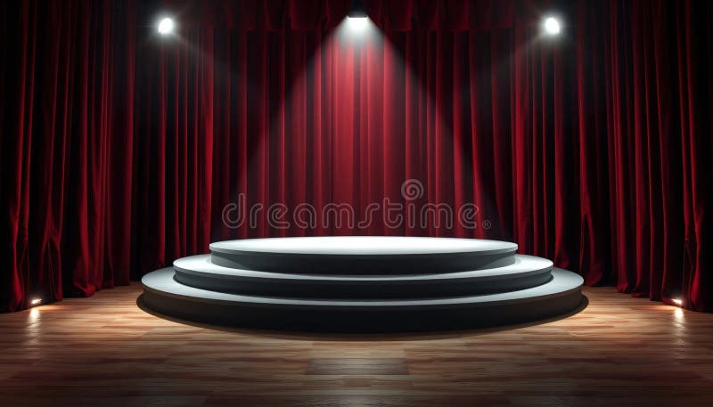 Theatrical Stage with Three Circular Platforms Under Spotlights and Red ...