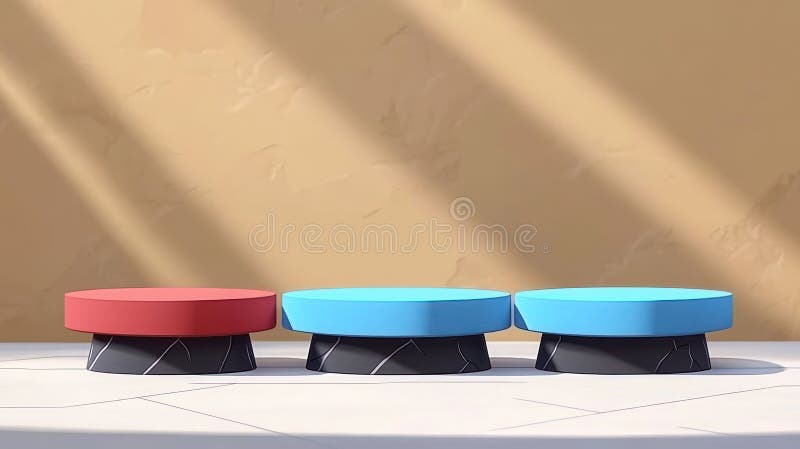 Three Circular Platforms in Red, Blue, and Gray Arranged in a ...