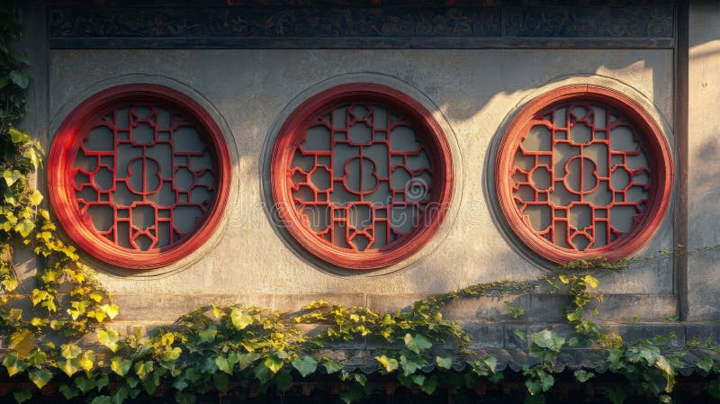 Three Circular Red Windows Adorned with Intricate Latticework Stock ...