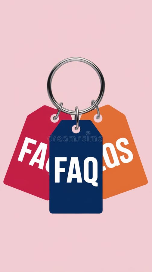Three Circular Tags, Red, Blue, Orange, Central Tag Labeled FAQs, Plain ...