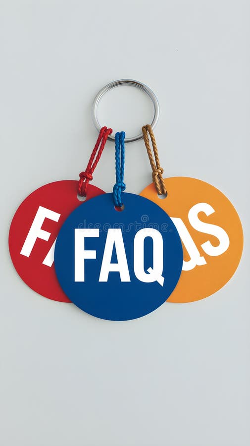 Three Circular Tags, Red, Blue, Orange, Central Tag Labeled FAQs, Plain ...