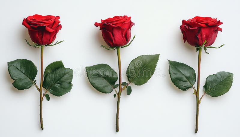Three Classic Long Stem Red Roses in a Row on White Background with ...