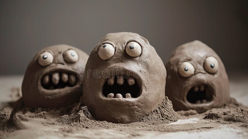 Three Clay Figures with Faces on a Table Stock Illustration ...
