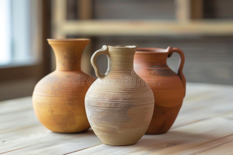 Three Clay Pots Standing on Wooden Table Stock Image - Image of ...