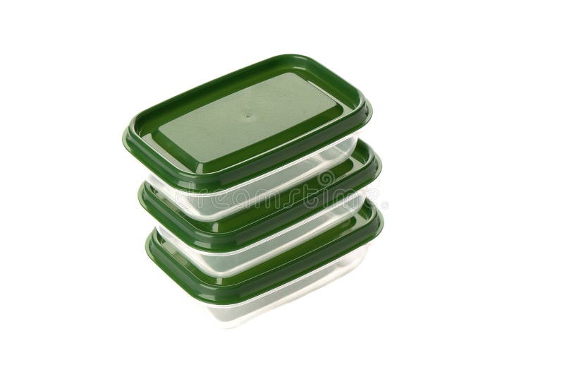 Three Clear Plastic Food Containers with Green Lids. Stock Photo ...