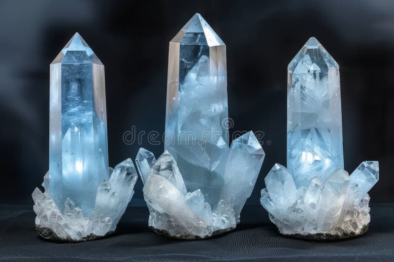 Three Clear Quartz Crystals on Black Background with Ethereal Lighting ...