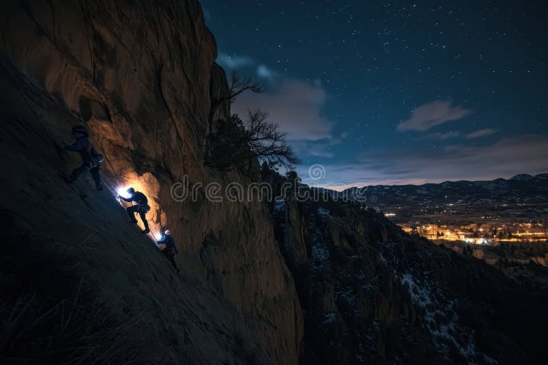 Three Climbers Ascending a Cliff Face Under a Starry Night Sky Stock ...