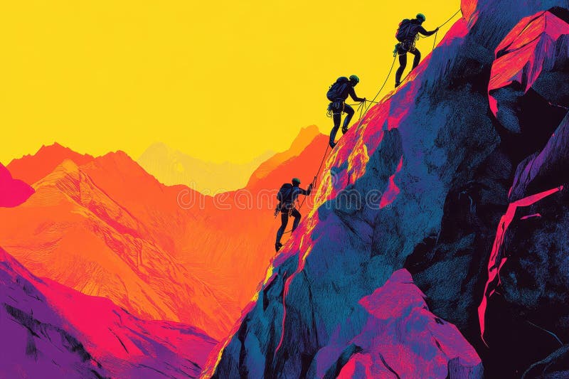 Three Climbers Ascending a Steep Mountain Face Stock Illustration ...