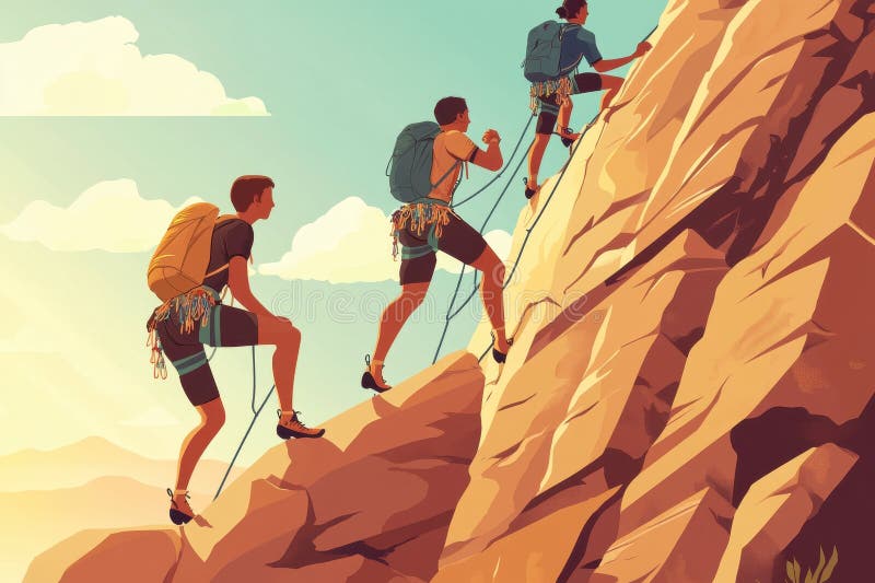 Three Climbers Ascending a Steep Rocky Cliff Face Stock Illustration ...